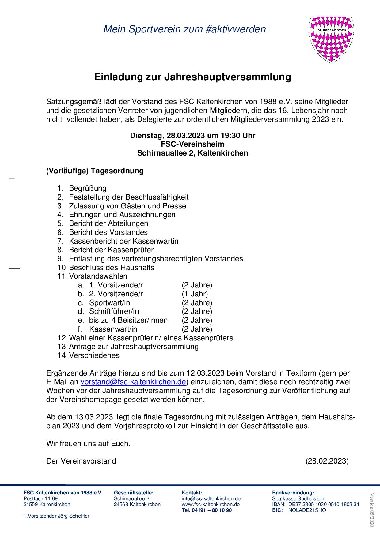 Einladung zur JHV 2023 - FSC Kaltenkirchen e.V.